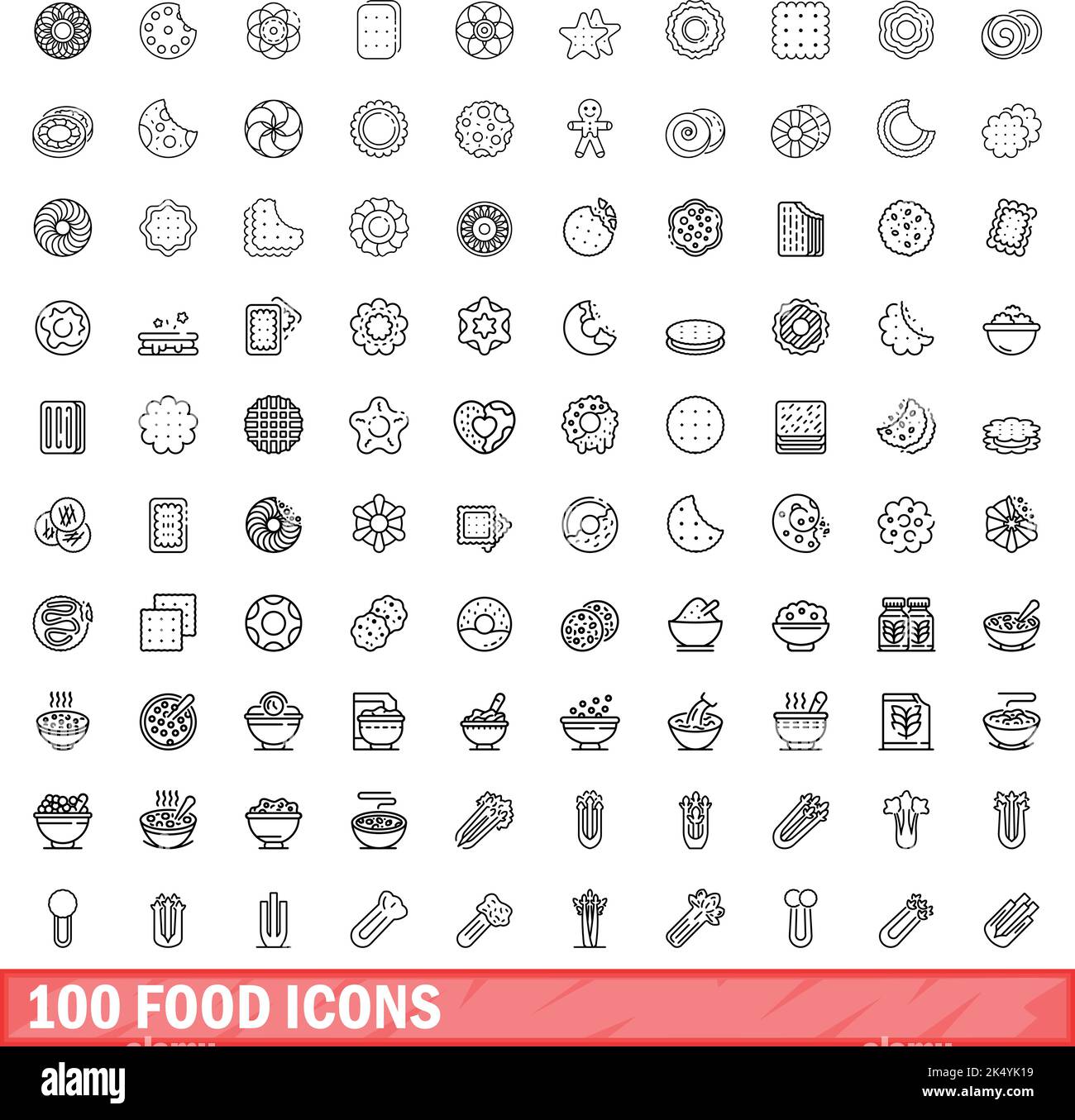 100 food icons set. Outline illustration of 100 food icons vector set ...