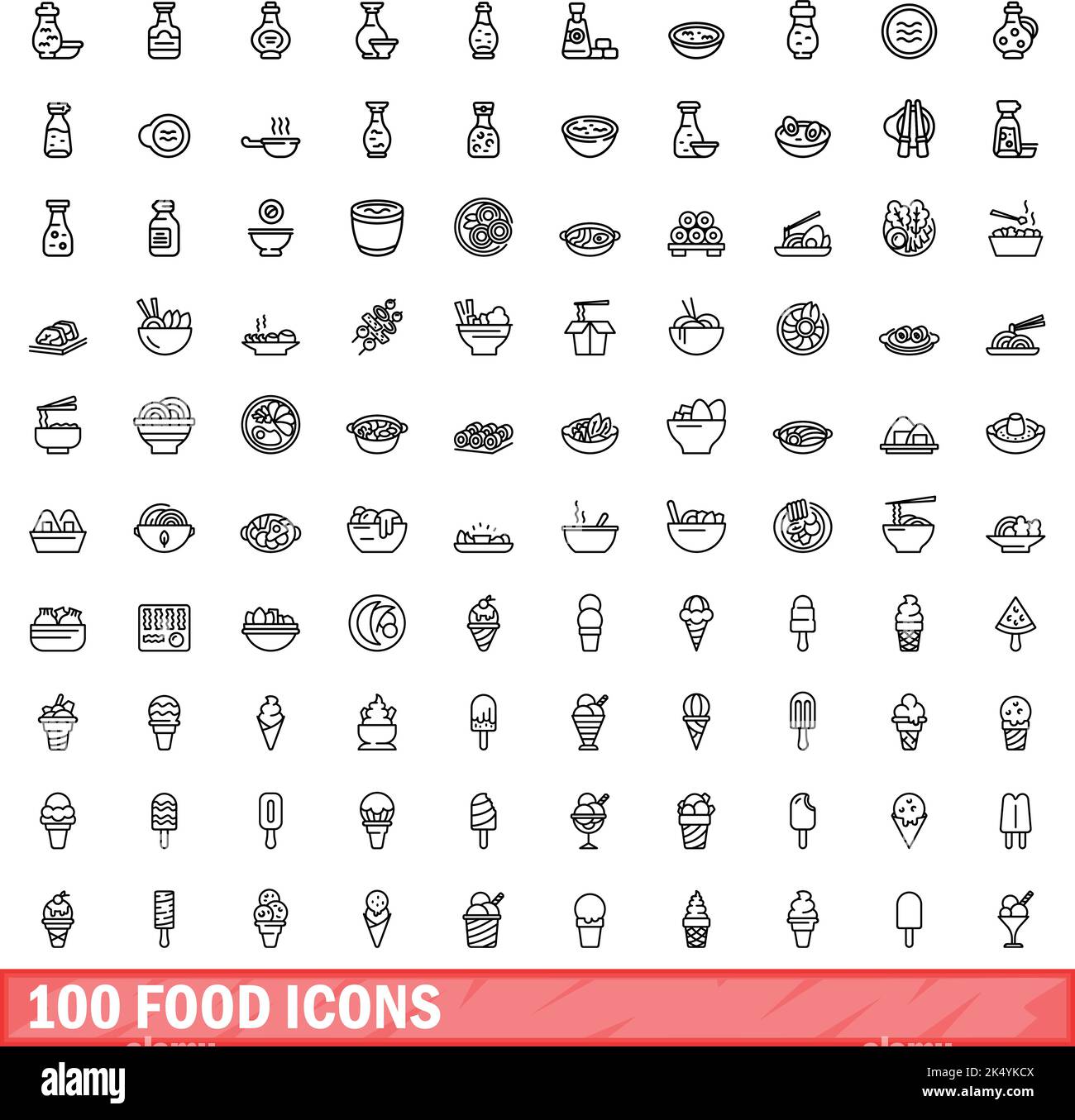 100 food icons set. Outline illustration of 100 food icons vector set ...