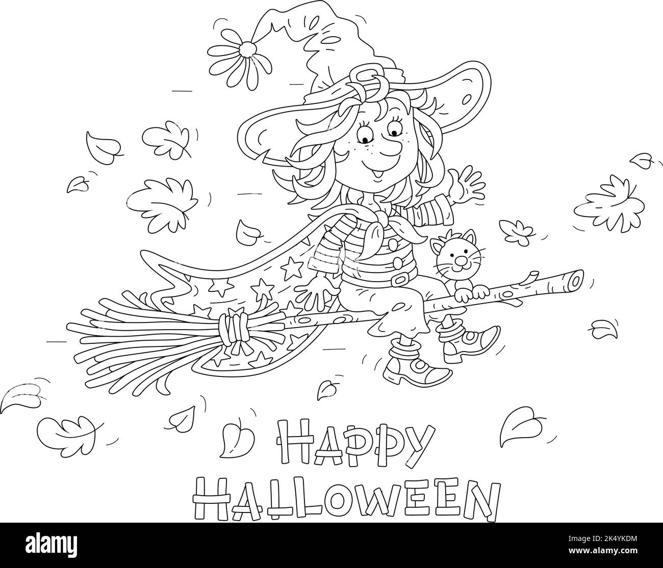 Happy little Halloween witch with a big hat and a cloak with stars ...