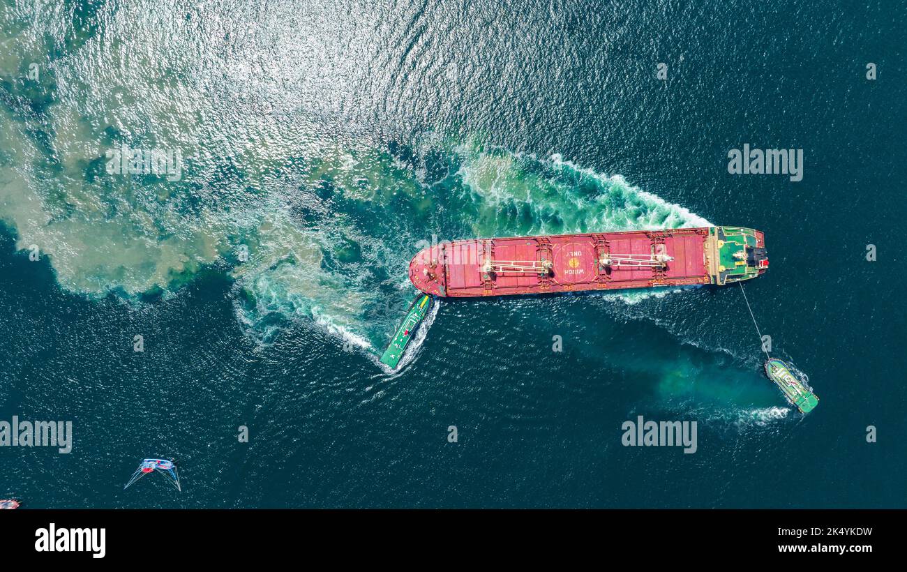 Tug Boat drag Barge ship carry Metal steel pipe construction unit , No ...