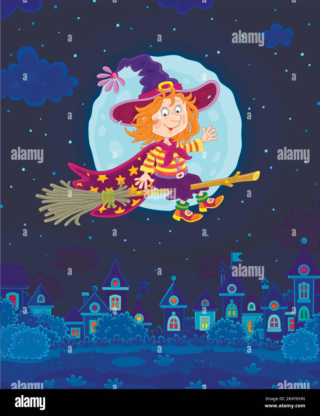 Happy little Halloween witch with a big hat flying on her magic broom ...