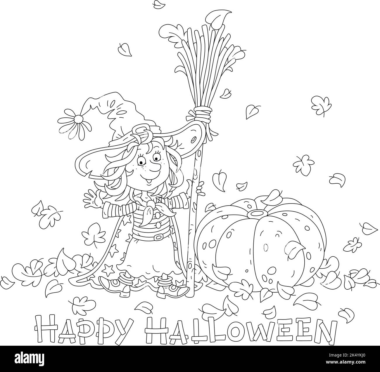 Happy Little Halloween Witch With Her Big Hat A Magical Flying Broom And A Large Pumpkin Among