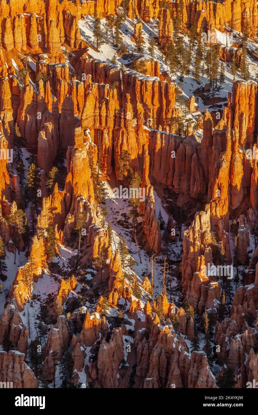 Hoodoos and snow at sunrise, Inspiration Point, Bryce Canyon National ...