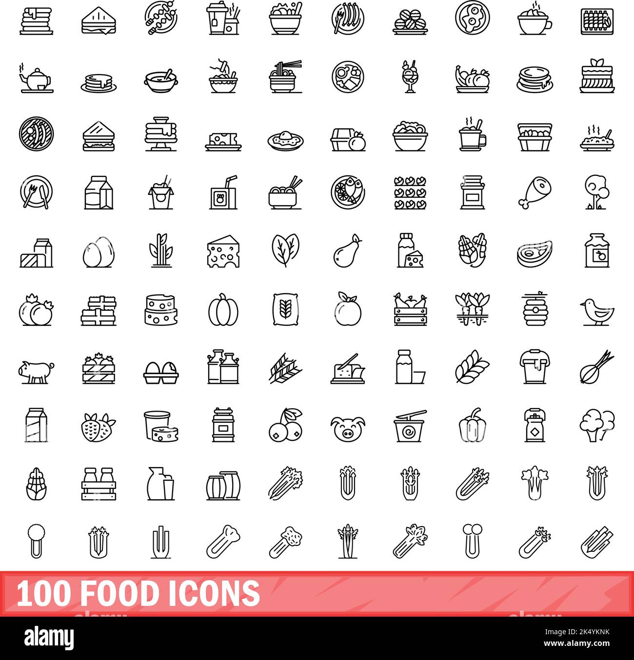 100 food icons set. Outline illustration of 100 food icons vector set ...