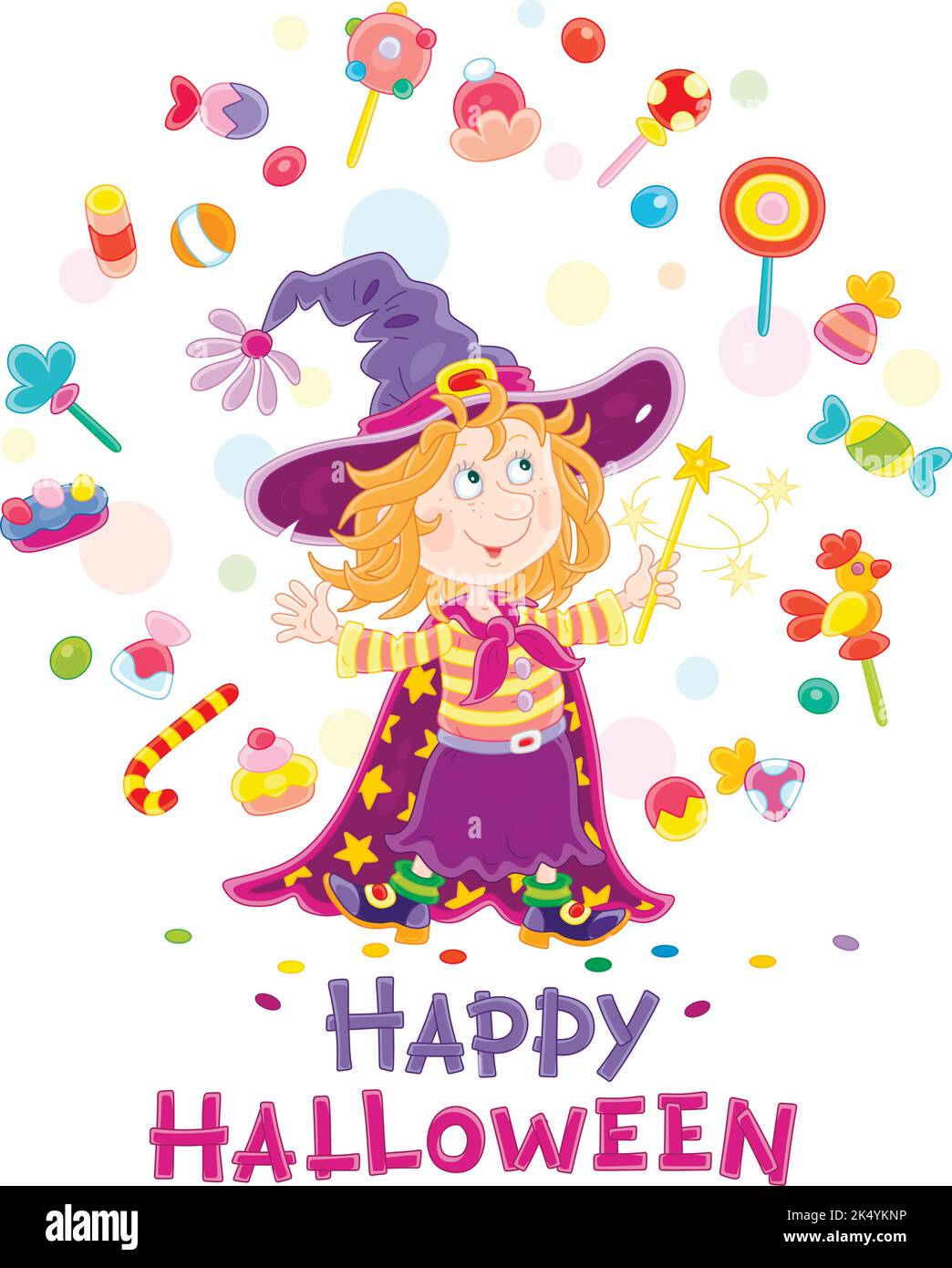Happy little Halloween witch illusionist waving her magic wand and ...