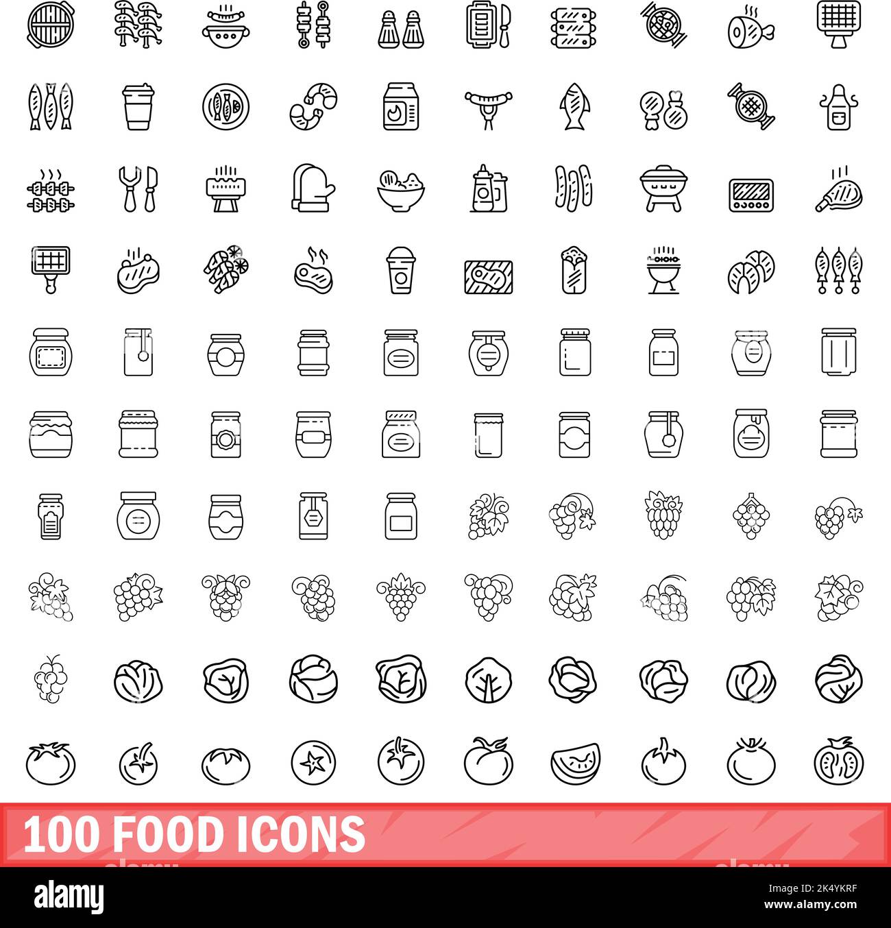 100 food icons set. Outline illustration of 100 food icons vector set ...