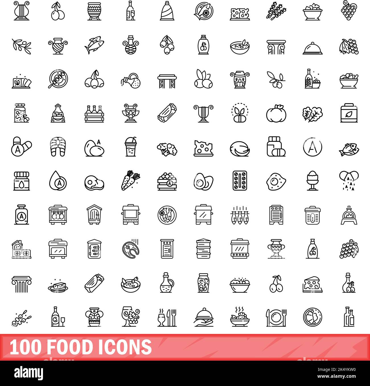 100 food icons set. Outline illustration of 100 food icons vector set ...