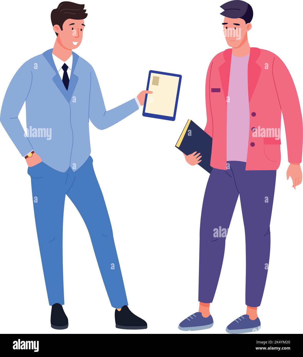 Students sharing paper study. Young workers talking isolated on white ...