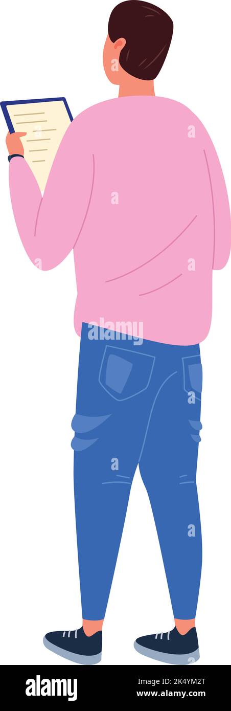 Man reading paper back view. Student reciting isolated on white ...