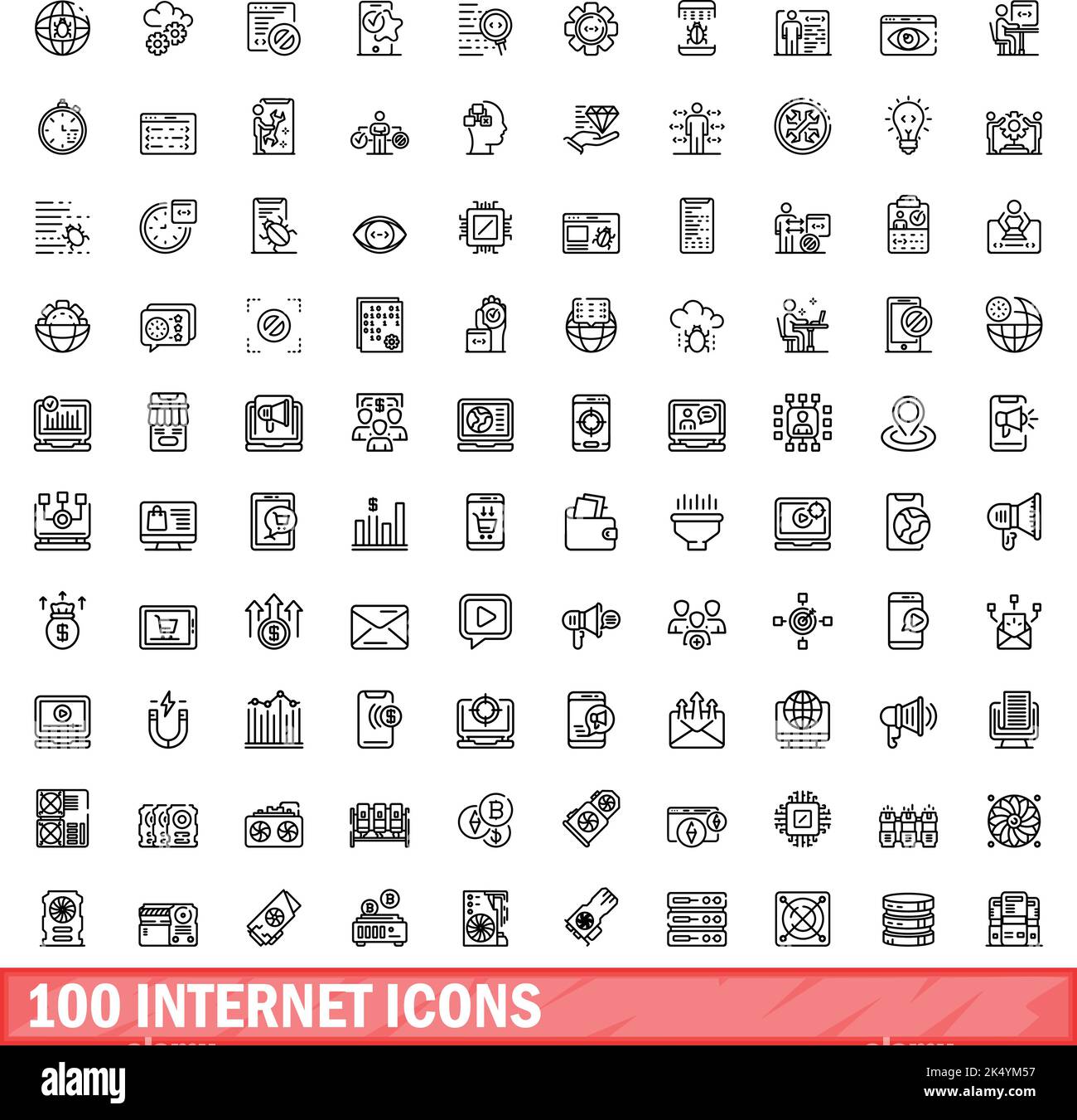 100 internet icons set. Outline illustration of 100 internet icons ...