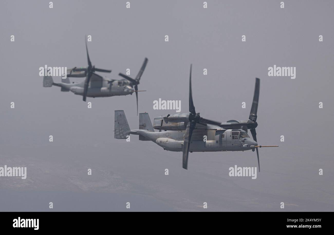 Two U.S. Marine Corps MV-22 Ospreys assigned to Marine Medium Tiltrotor ...