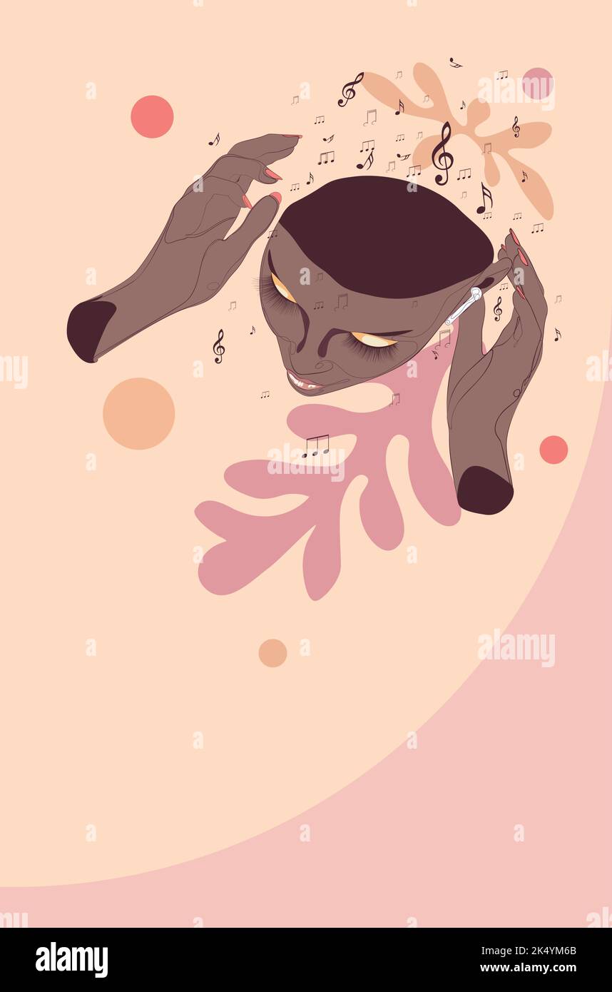 Human head with airpods, closed eyes, surrounded with music notes view ...