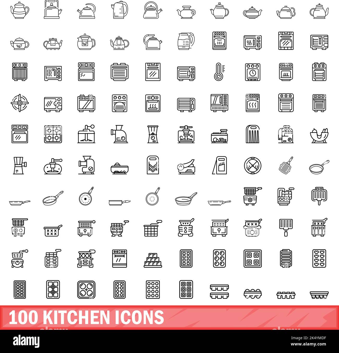 100 kitchen icons set. Outline illustration of 100 kitchen icons vector ...