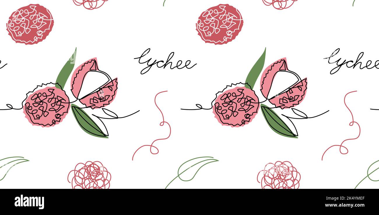 Lychee fruit seamless vector pattern. One continuous line art drawing ...