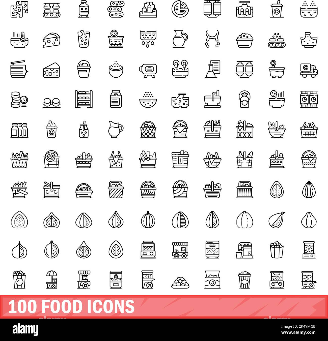 100 food icons set. Outline illustration of 100 food icons vector set ...