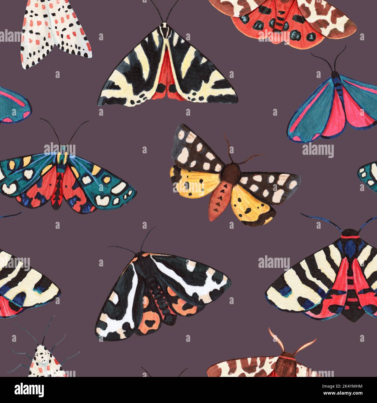 Seamless pattern with garden tiger moths, Arctiidae family. Watercolor ...