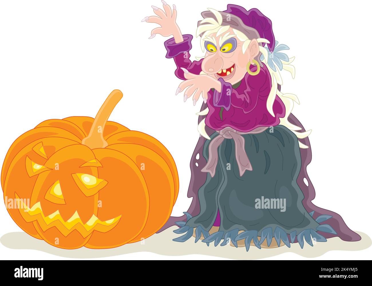 Angry witch practicing witchcraft on a big terrible Halloween pumpkin ...