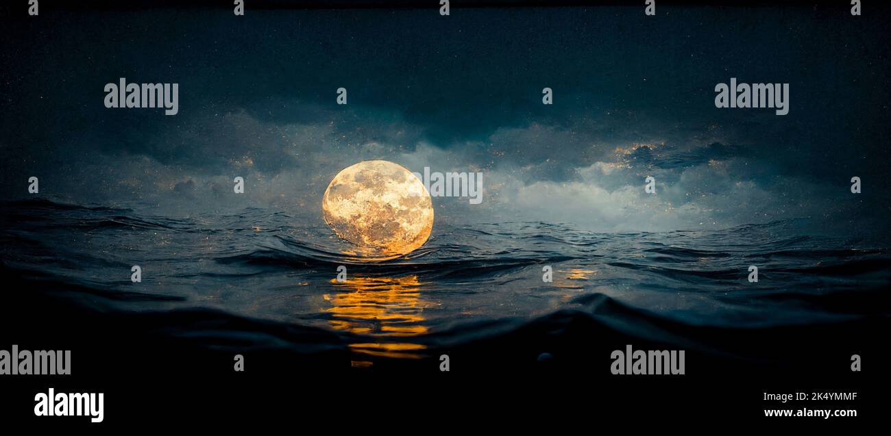 A gorgeous nighttime scene with a golden moon obscured by dark blue ...