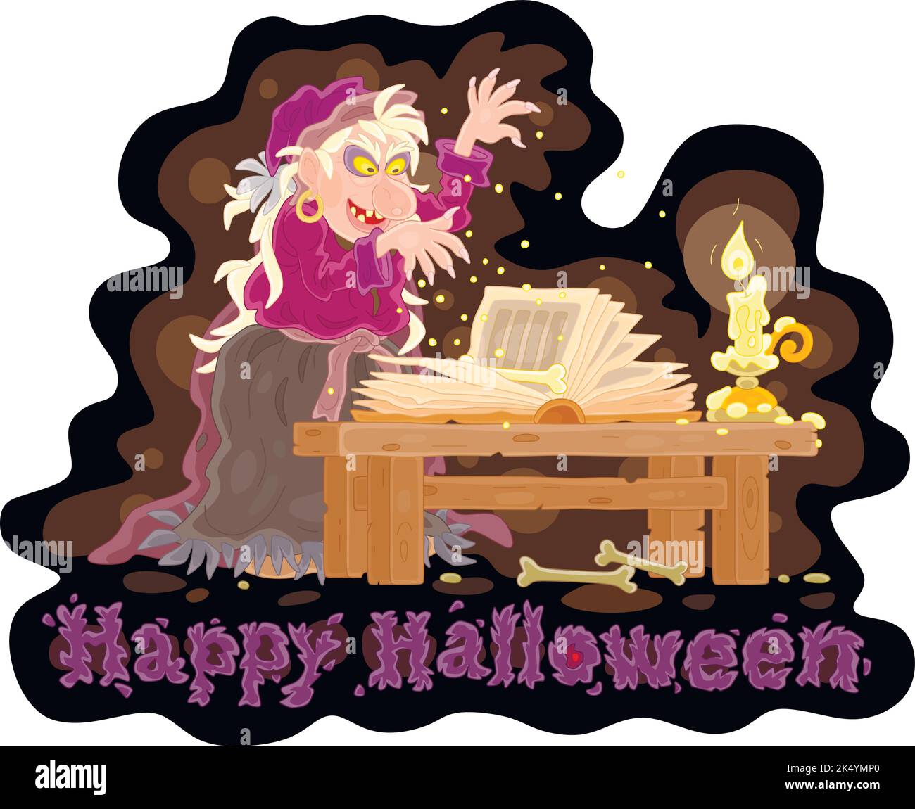 Angry witch with a scary smile practicing witchcraft and saying spells ...