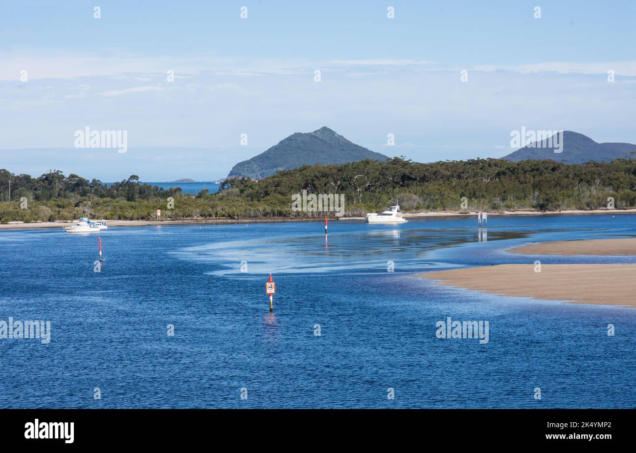 Myall River separating small towns of Tea Gardens and Hawks Nest with ...