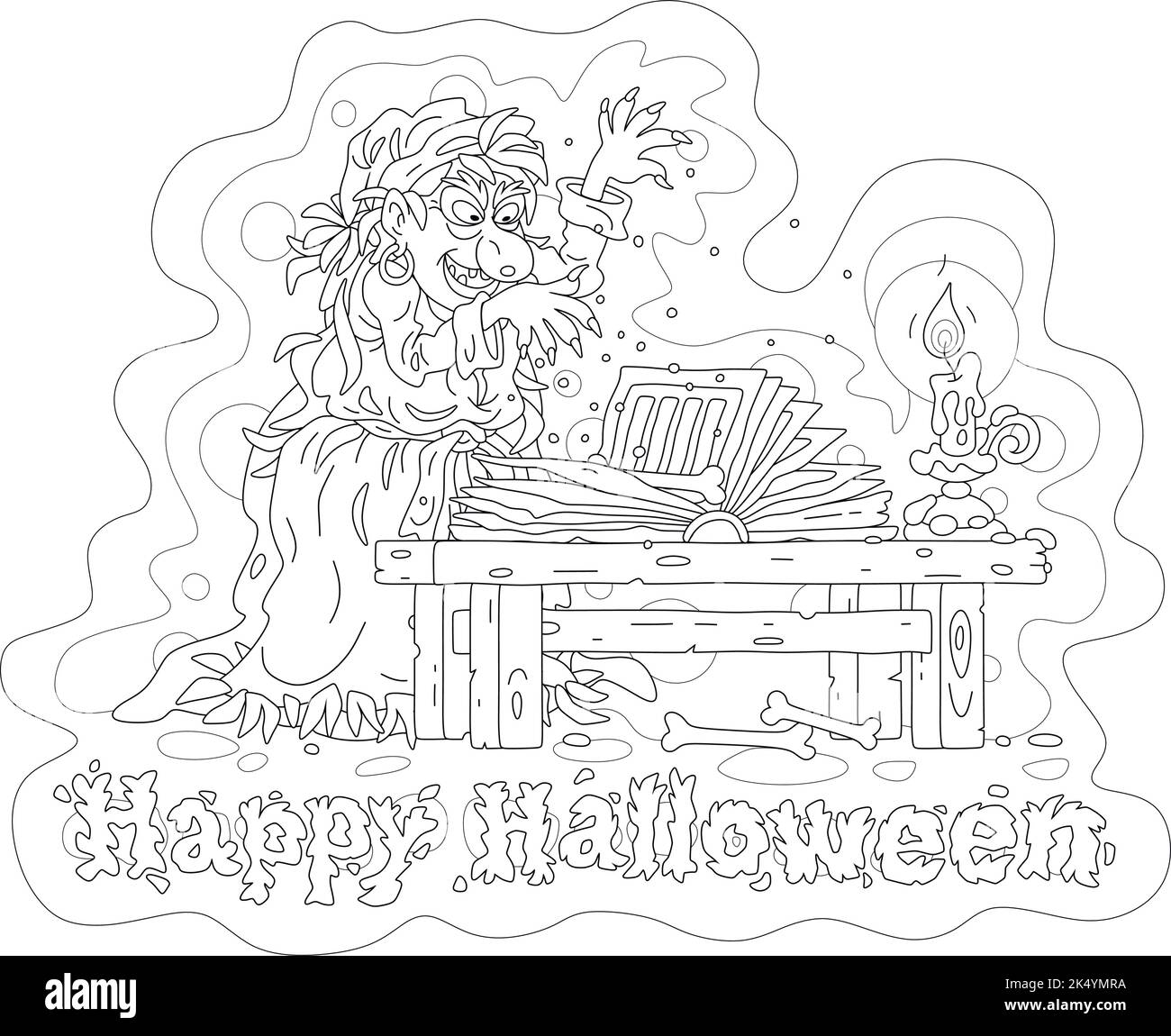 Angry witch with a scary smile practicing witchcraft and saying spells ...