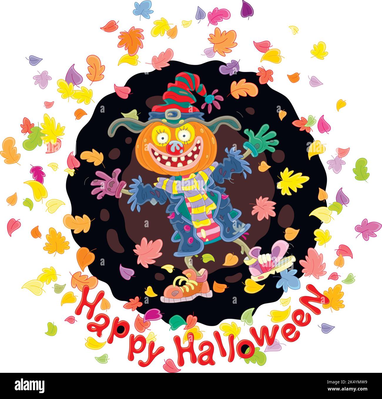 Happy Halloween card of a funny scarecrow with a pumpkin had walking ...