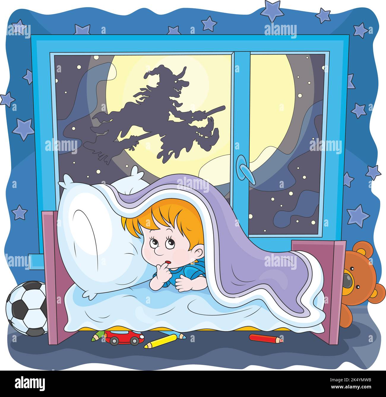 The All Hallows Eve night, a little boy in fear hiding under the ...