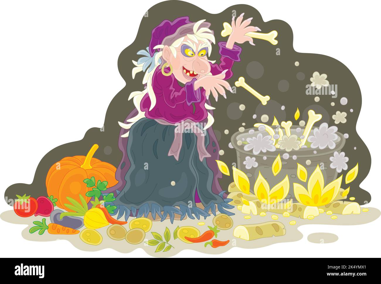 Angry old witch whispering her spells and cooking a tasty soup with ...