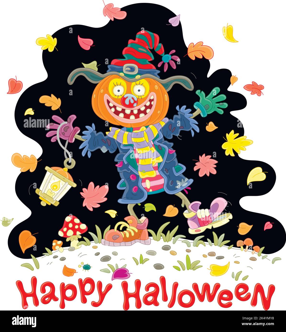Happy Halloween card of a funny scarecrow with a pumpkin had walking ...