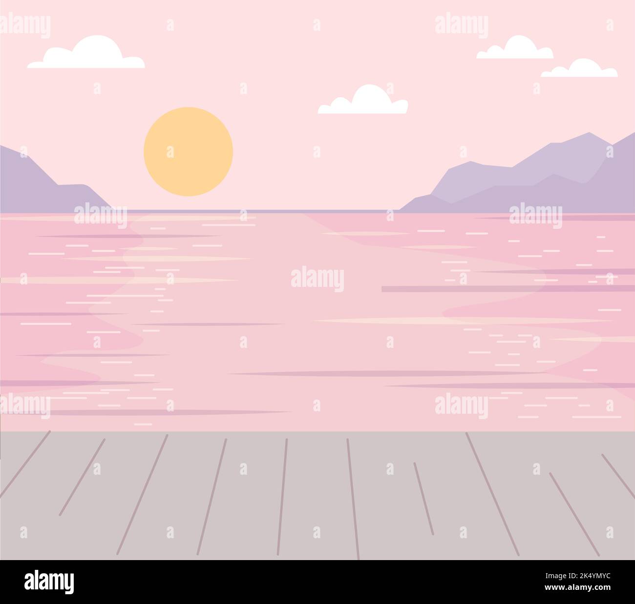 Marine sunset. Sea shore background with rising sun. Vector ...