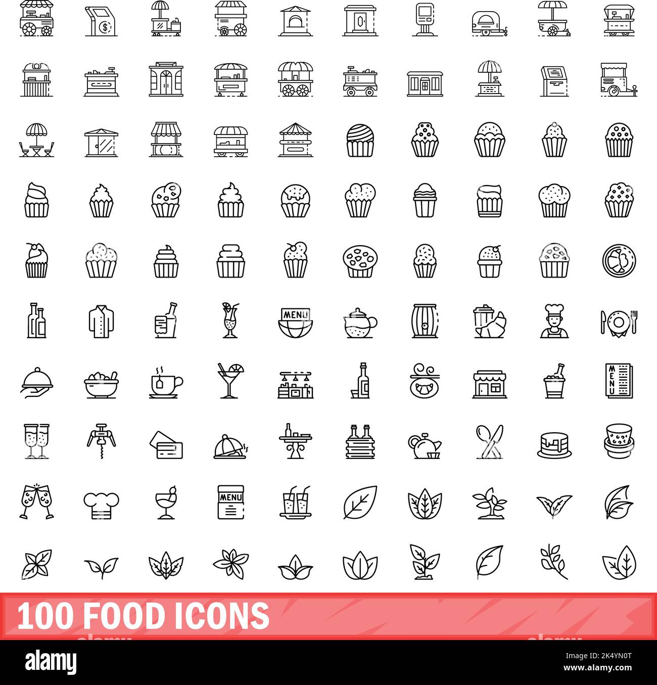100 food icons set. Outline illustration of 100 food icons vector set ...