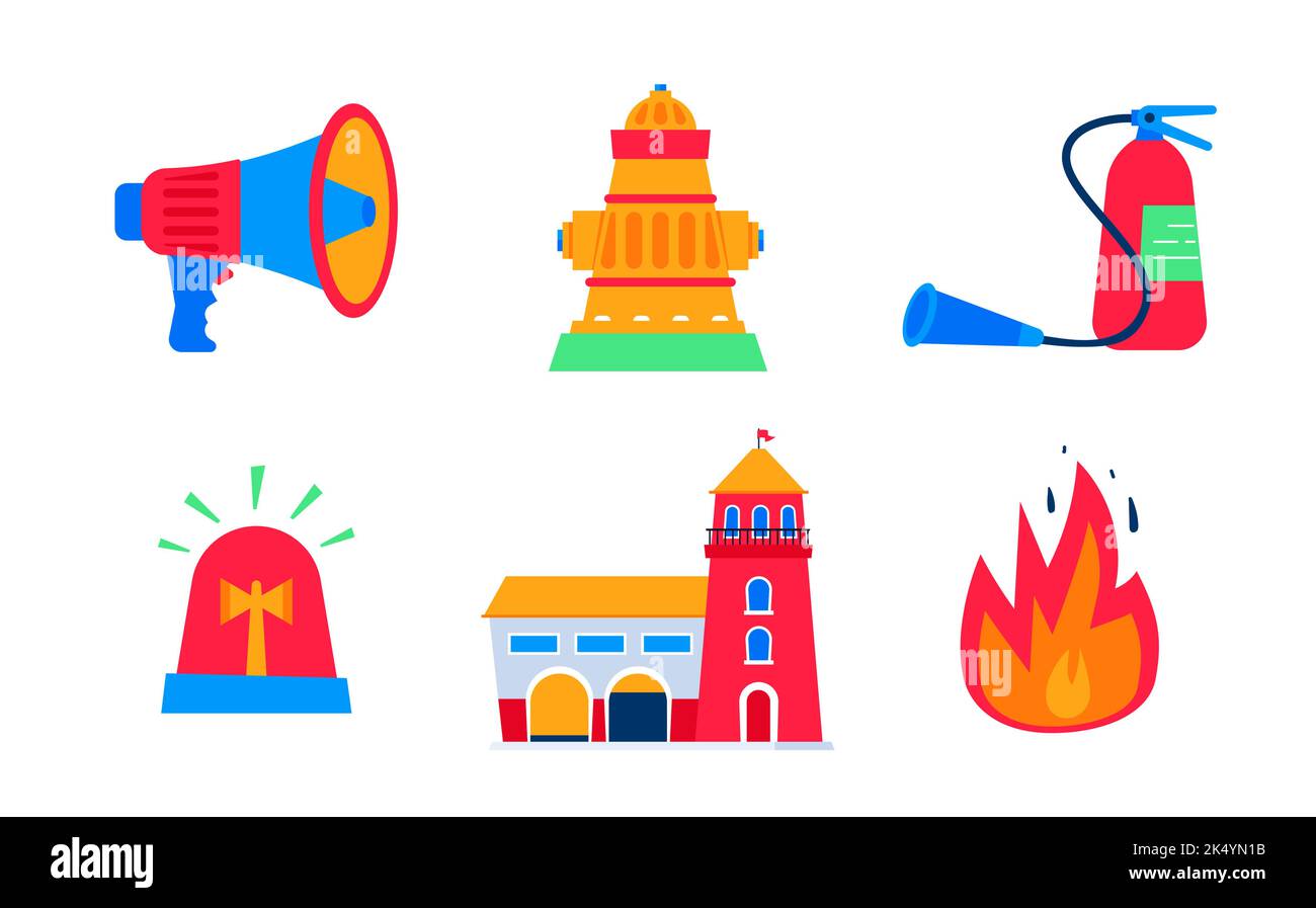 Flash fire and extinguishing - flat design style object set Stock ...