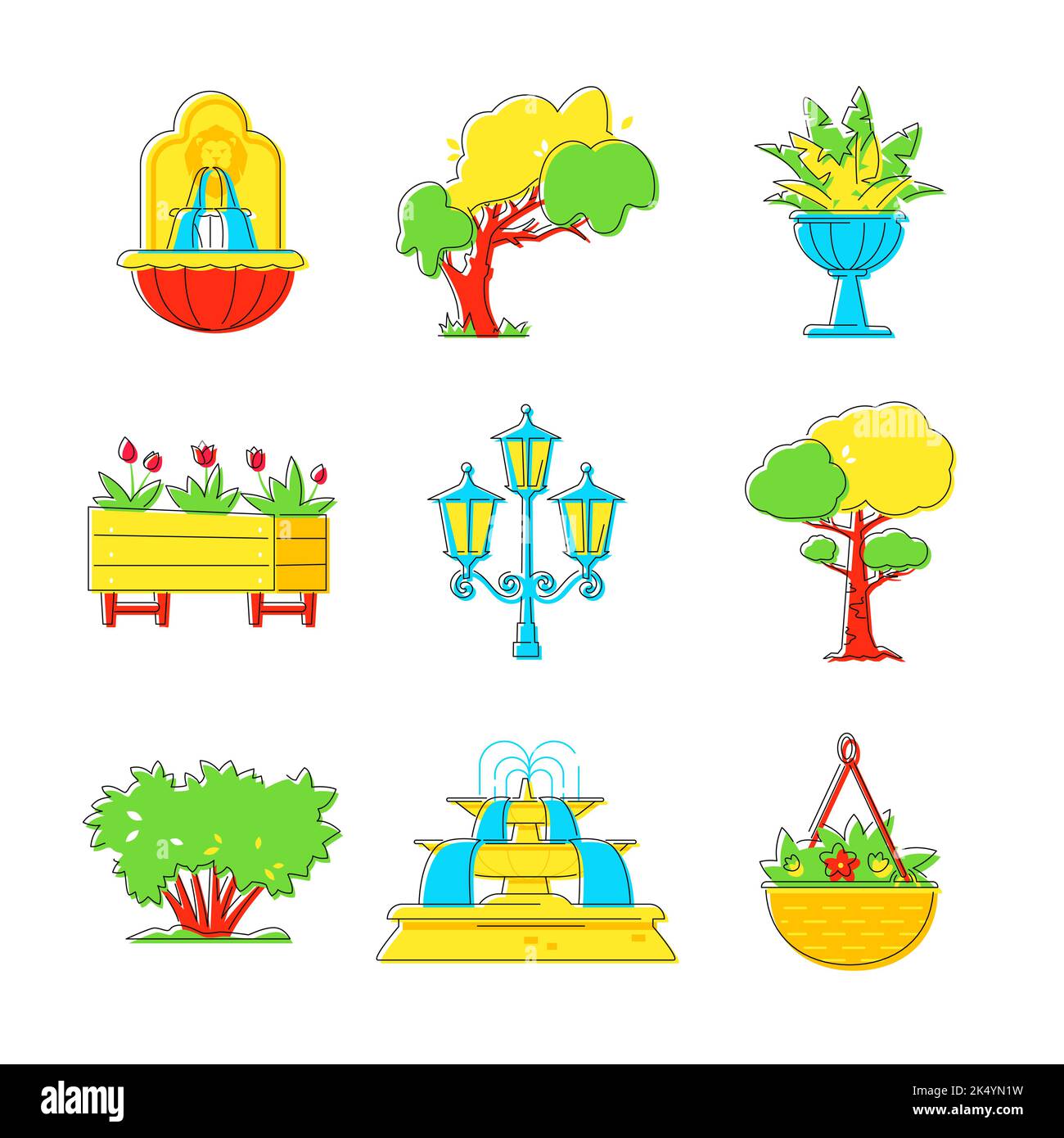 Garden decorations and nature - line design style object set Stock ...