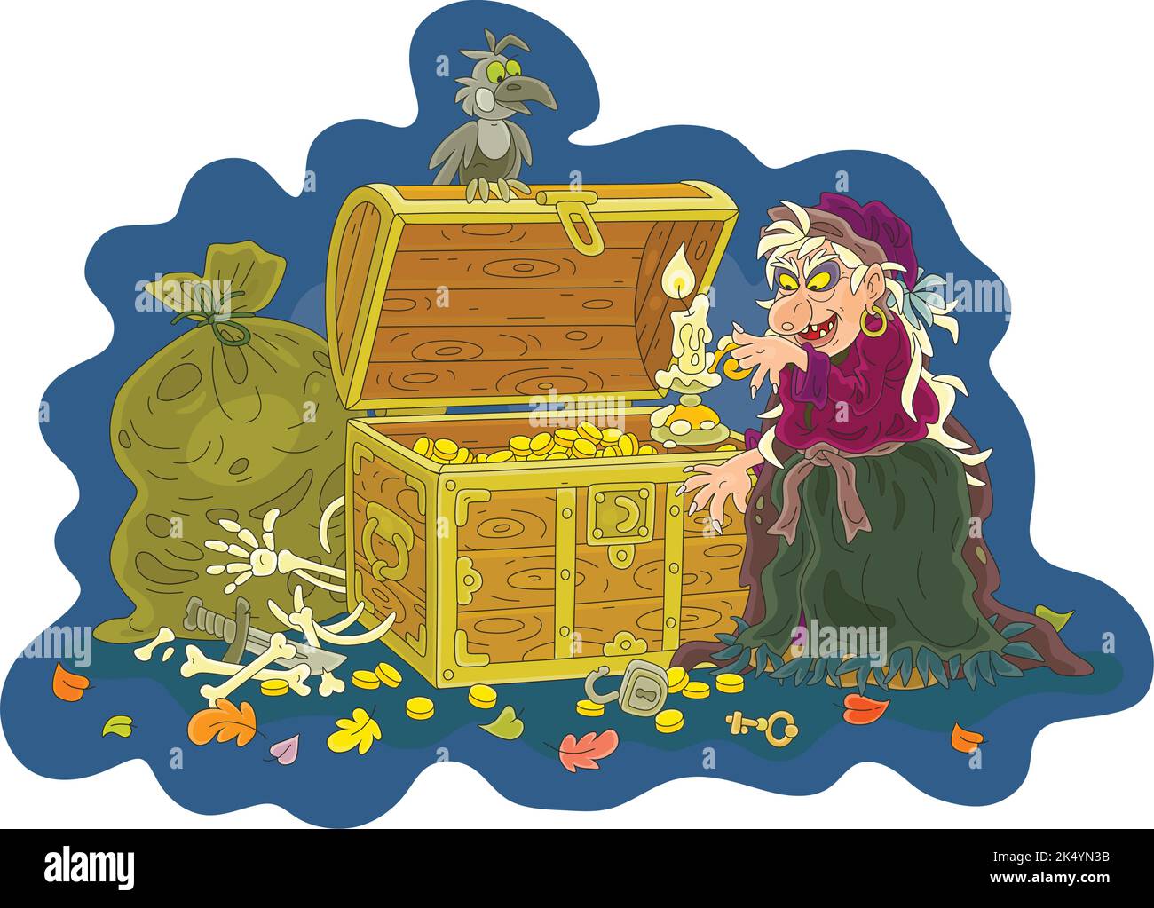 Angry witch with a burning candle checking a safety of her priceless ...