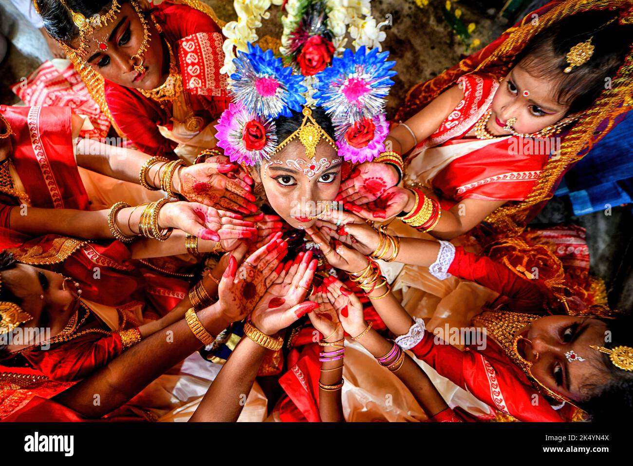 Young girls pose for a photo during the Kumari Puja Ritual on the 9th day of the Durga puja ...