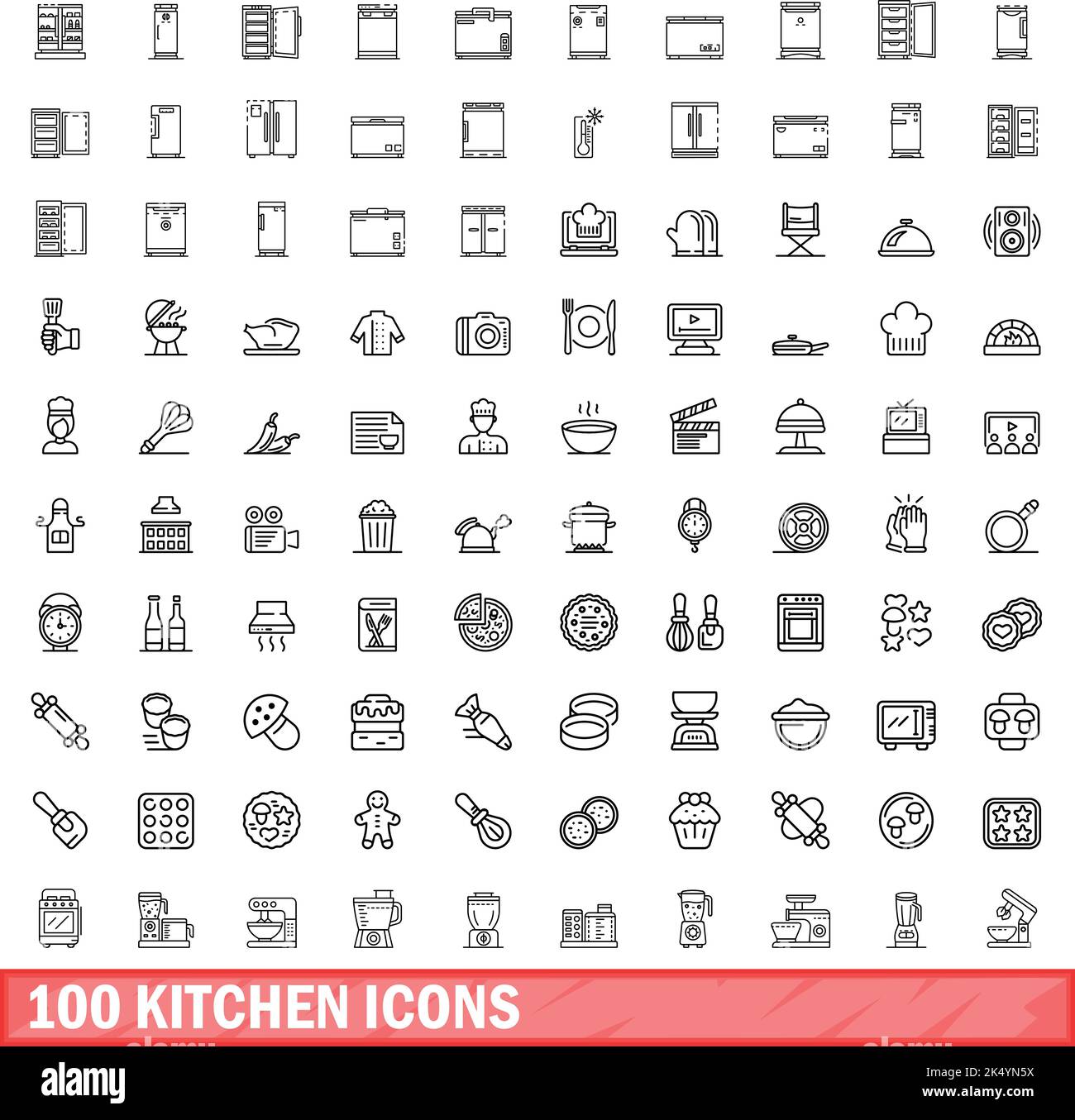 100 kitchen icons set. Outline illustration of 100 kitchen icons vector ...
