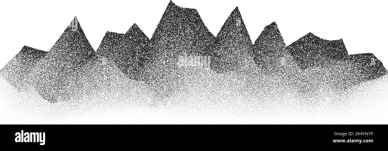 Grain stippled mountains. Dotted landscape and terrain. Black and white ...