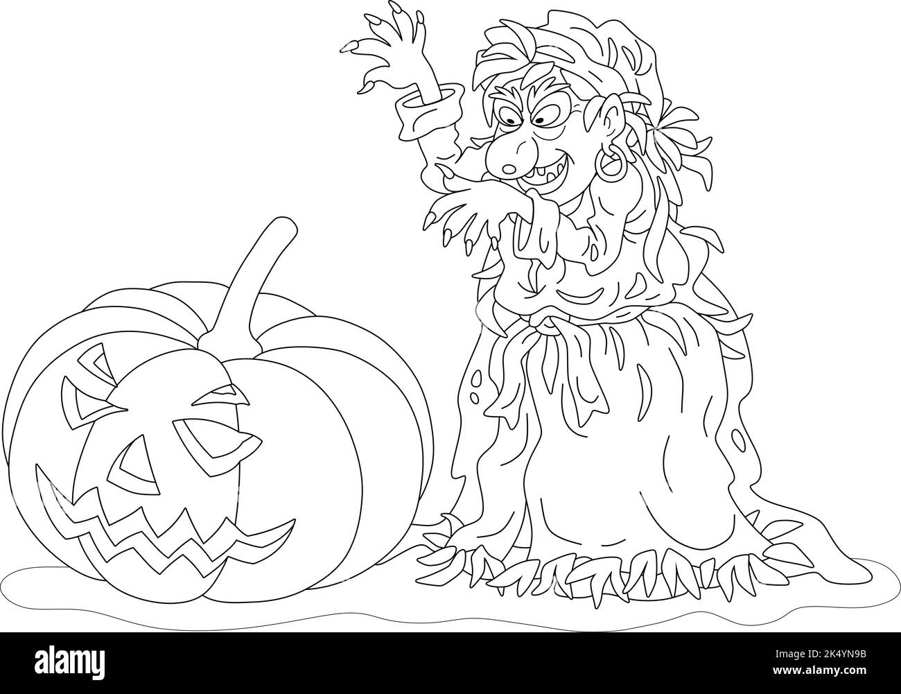 Angry witch practicing witchcraft on a big terrible Halloween pumpkin ...