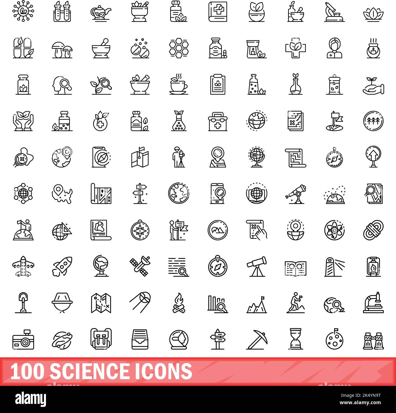 100 science icons set. Outline illustration of 100 science icons vector ...