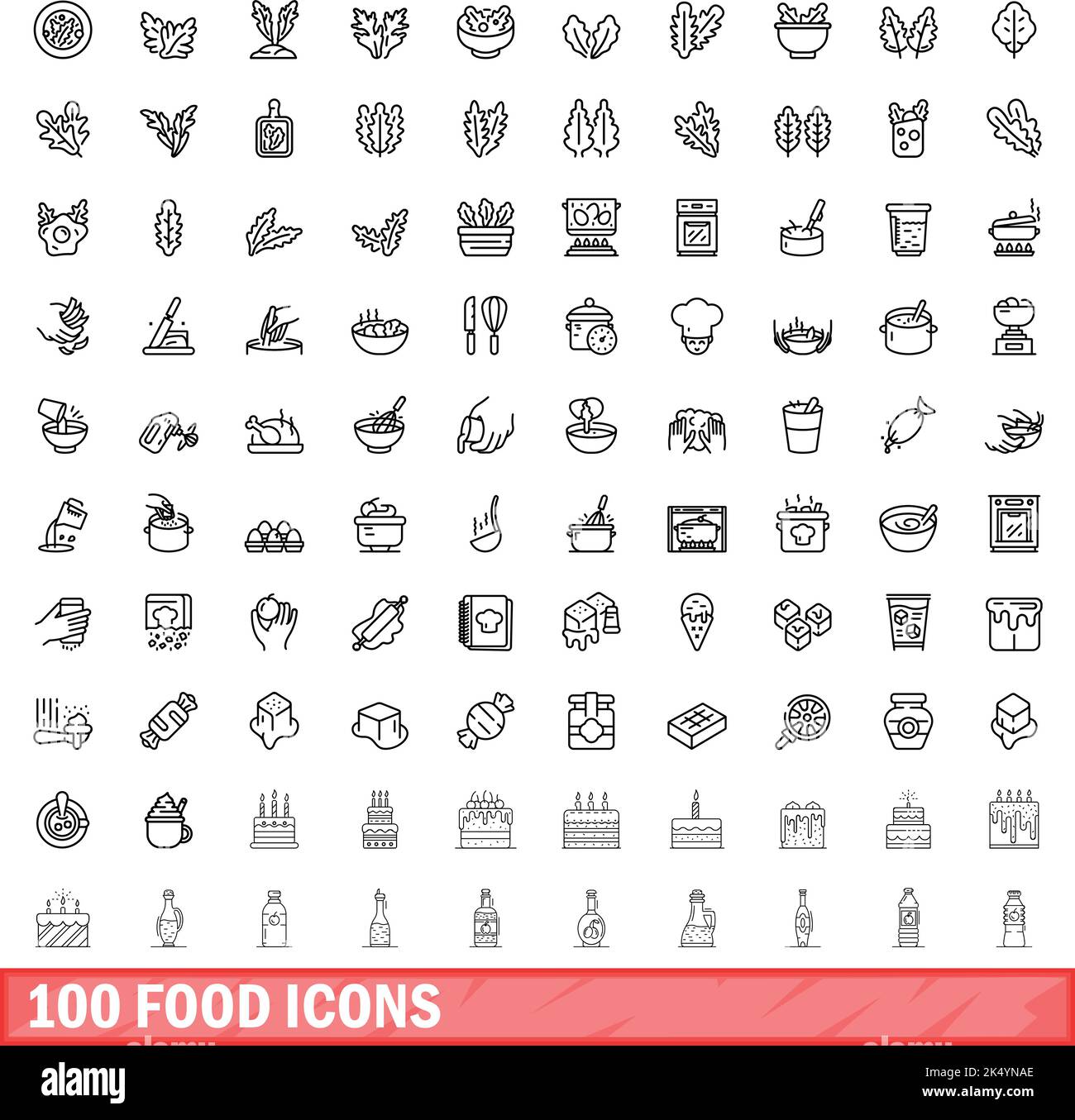 100 food icons set. Outline illustration of 100 food icons vector set ...