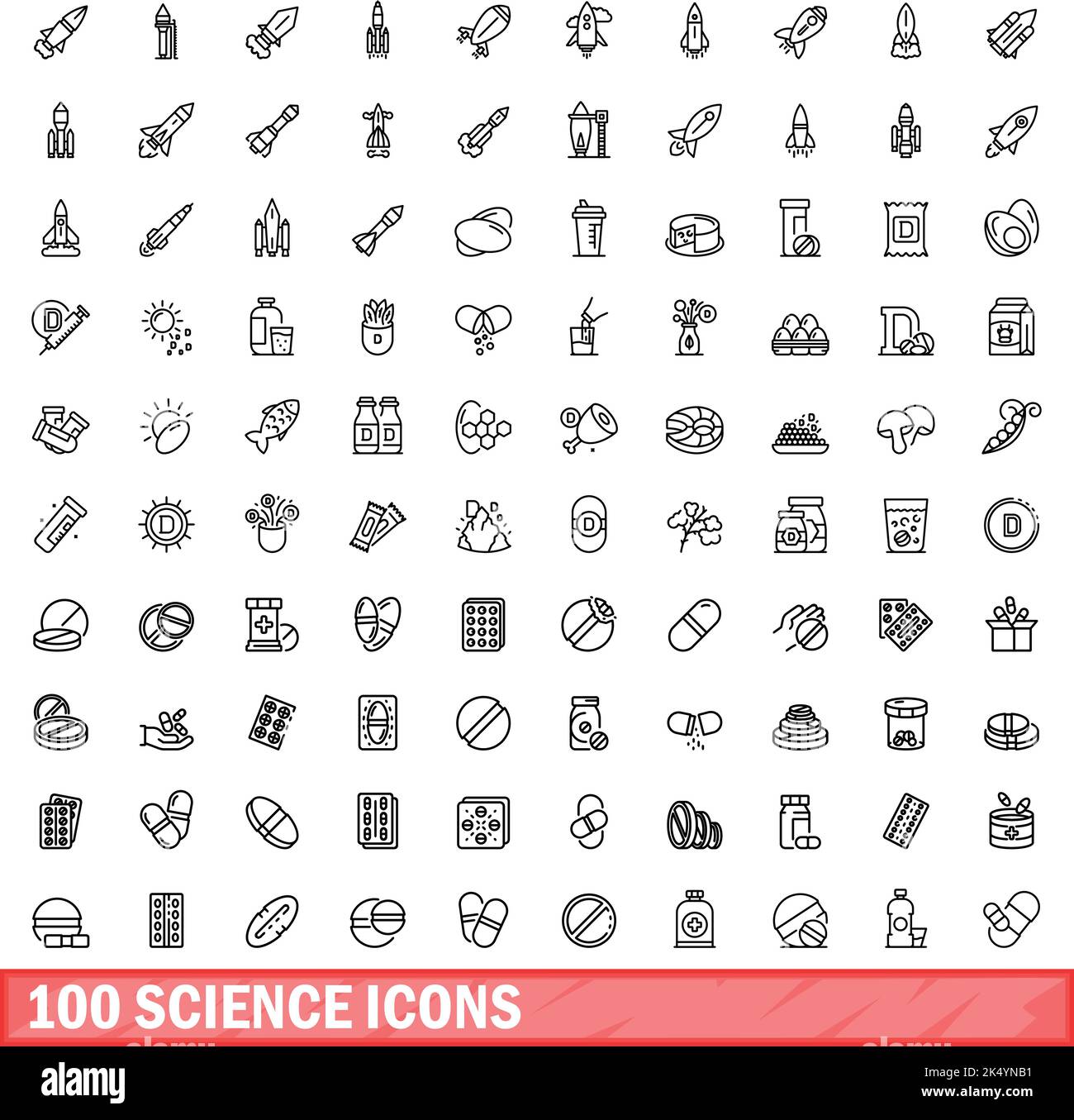 100 science icons set. Outline illustration of 100 science icons vector ...