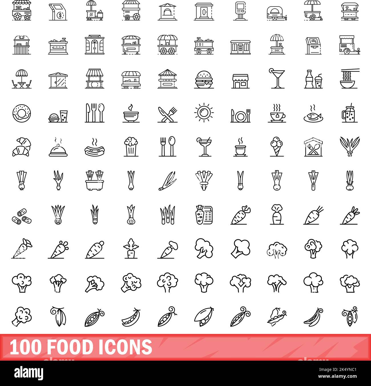 100 food icons set. Outline illustration of 100 food icons vector set ...