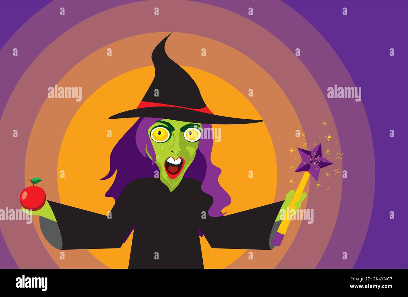 Spooky green witch with purple hair and red apple in one hand and magic ...