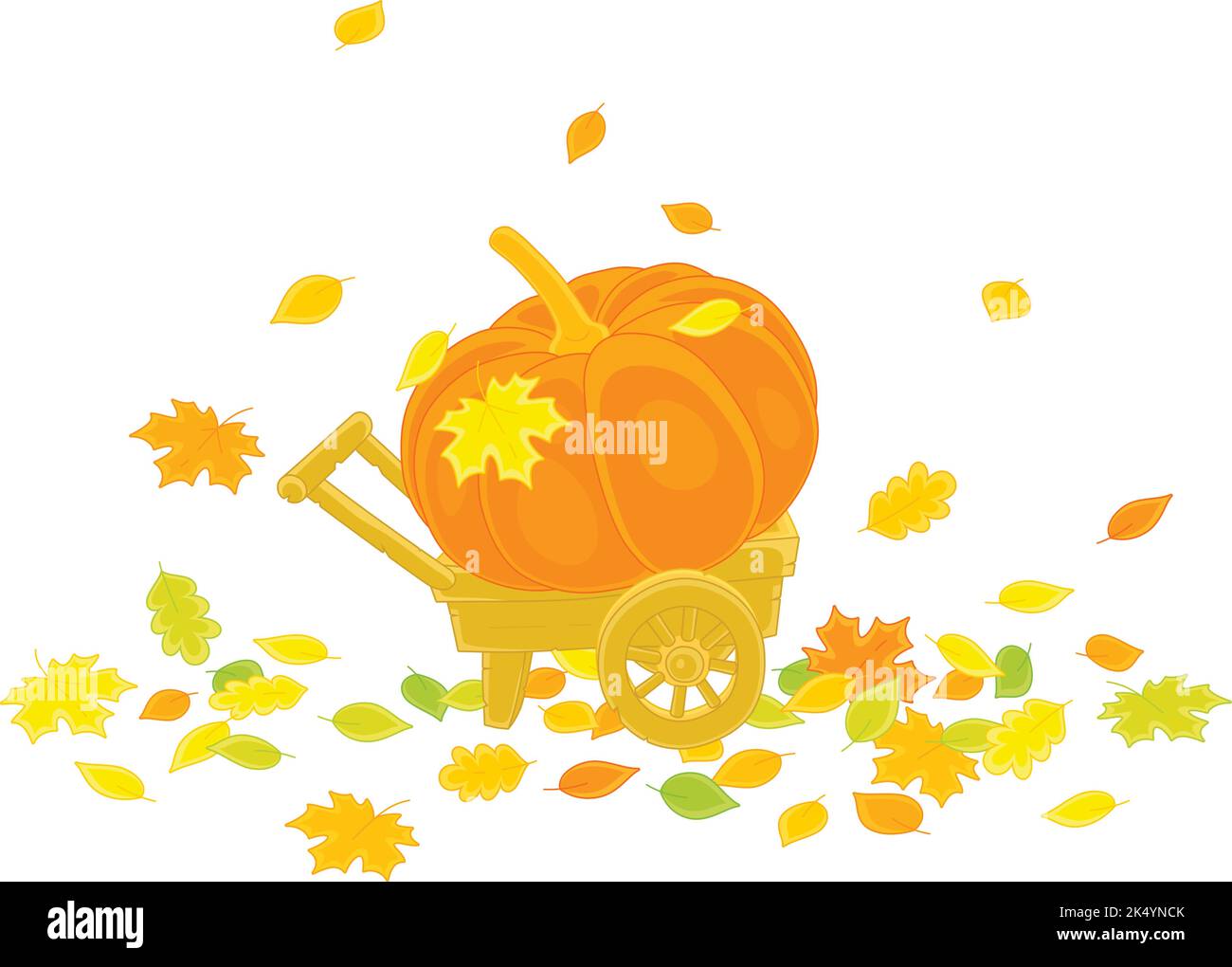 Large orange pumpkin on an old wood wheelbarrow among fallen autumn ...