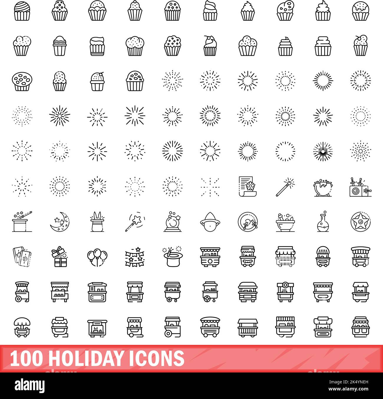 100 holiday icons set. Outline illustration of 100 holiday icons vector ...