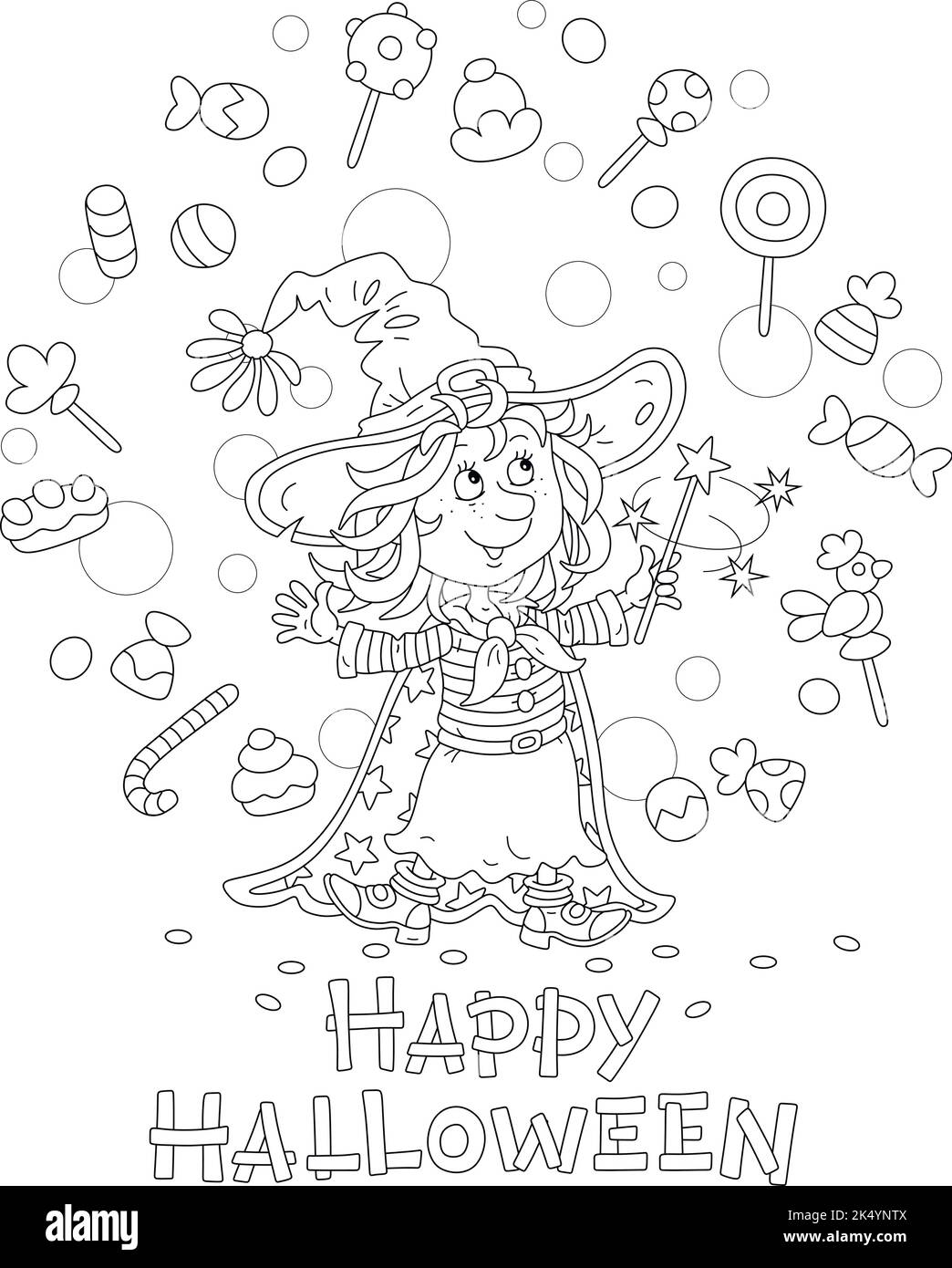 Happy little Halloween witch illusionist waving her magic wand and ...