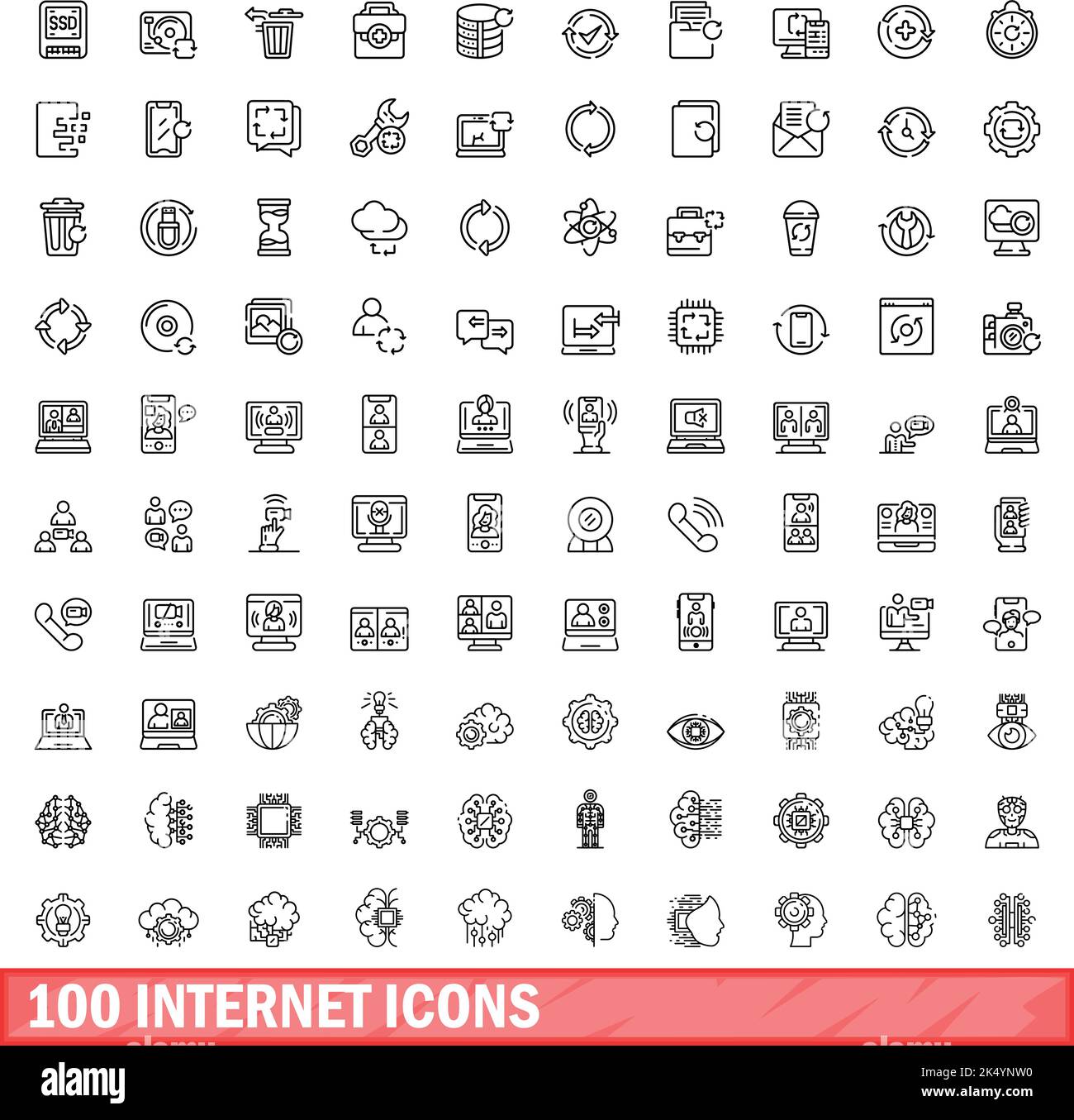 100 internet icons set. Outline illustration of 100 internet icons ...