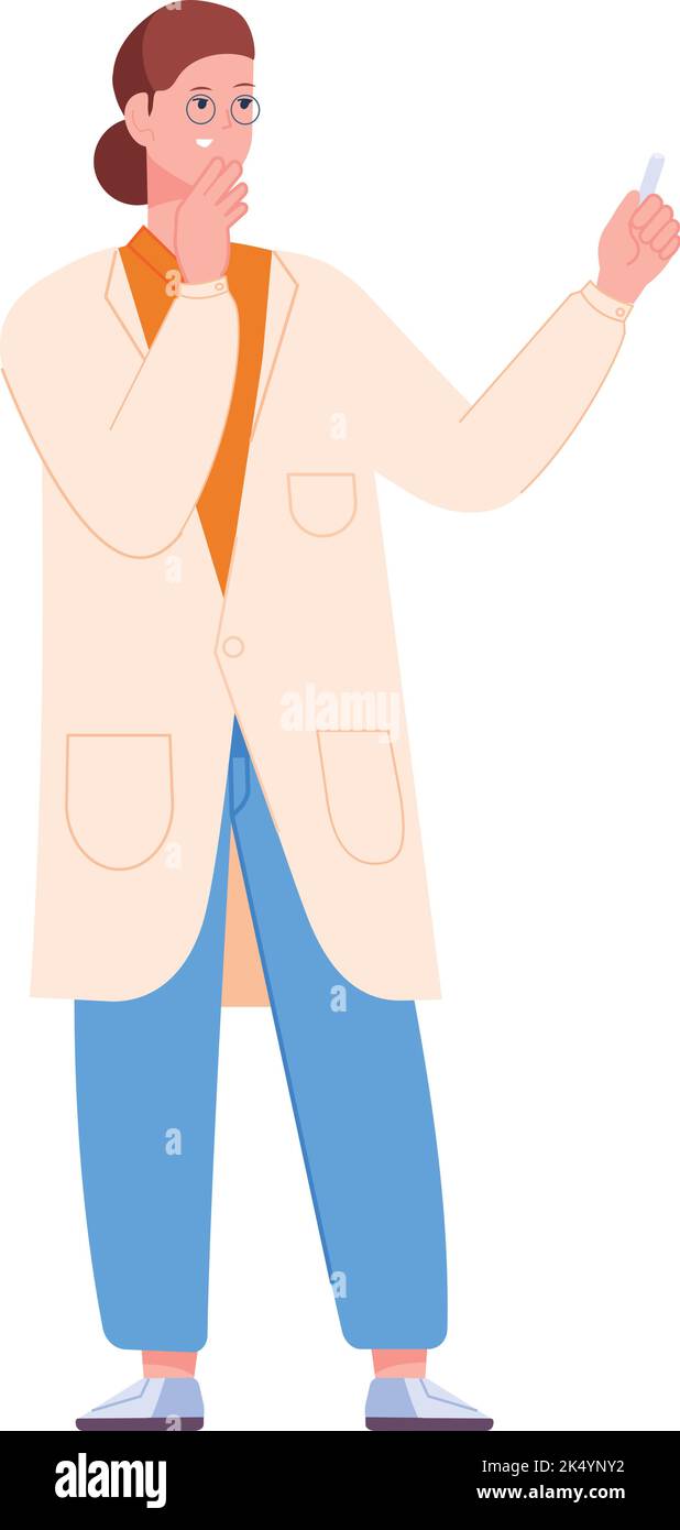 Scientist thinking. Woman solving problem. Lab worker isolated on white ...