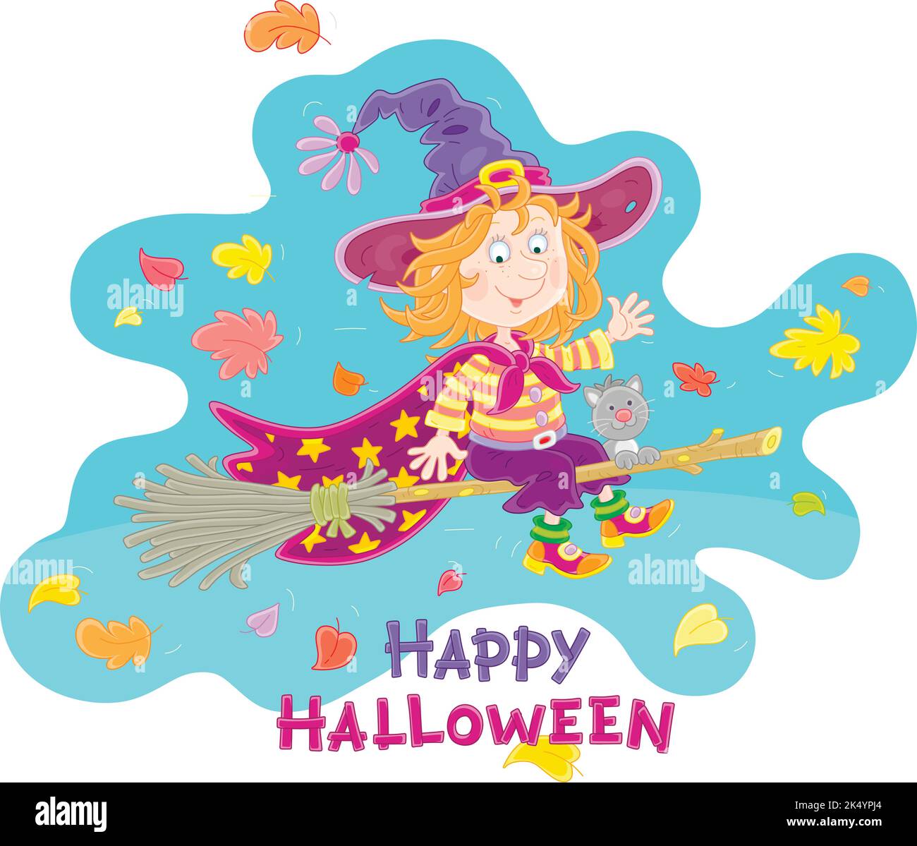 Happy little Halloween witch with a big hat and a cloak with stars ...