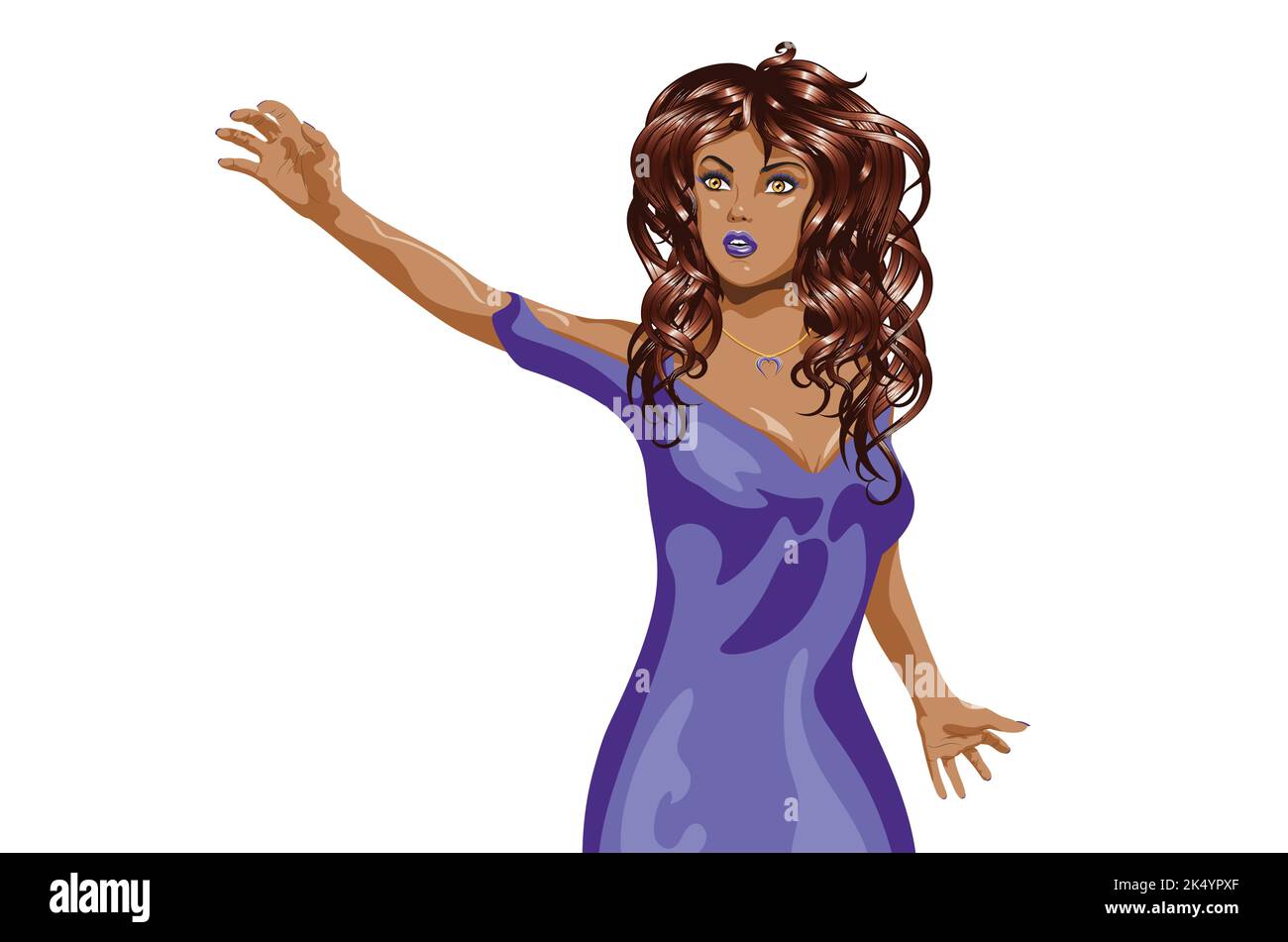 Young woman with brown curly hair in violet dress, raising hand Stock ...